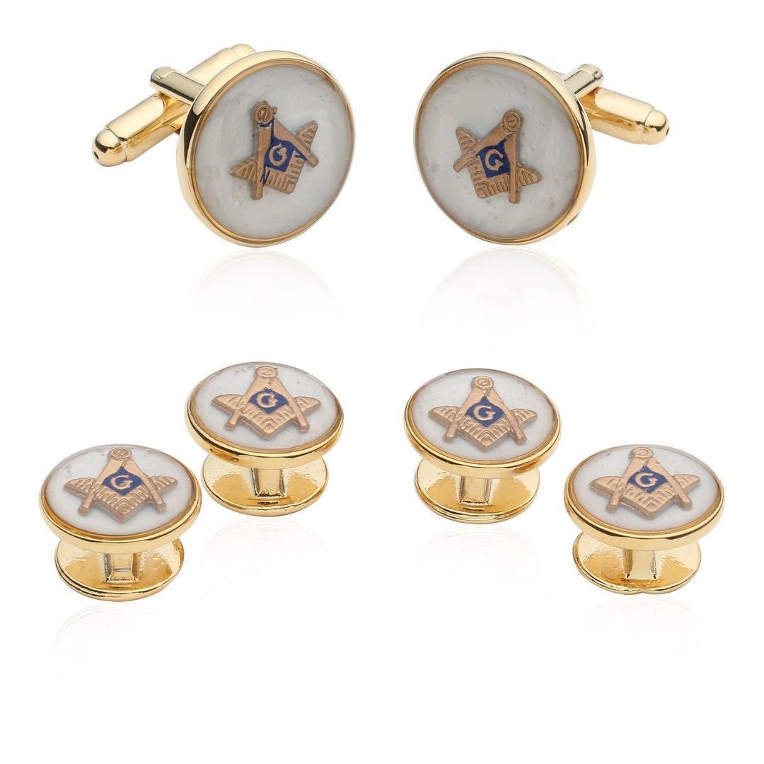 Gold White Masonic Tuxedo Cufflinks Studs Formal Set With Gift Box ...