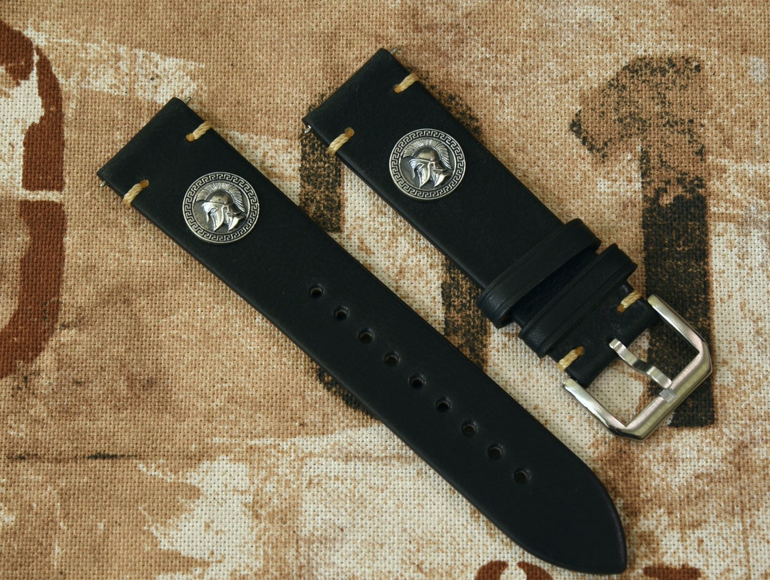 Genuine Leather Watch Strap With Two Sterling Silver Spartan. Cowhide ...