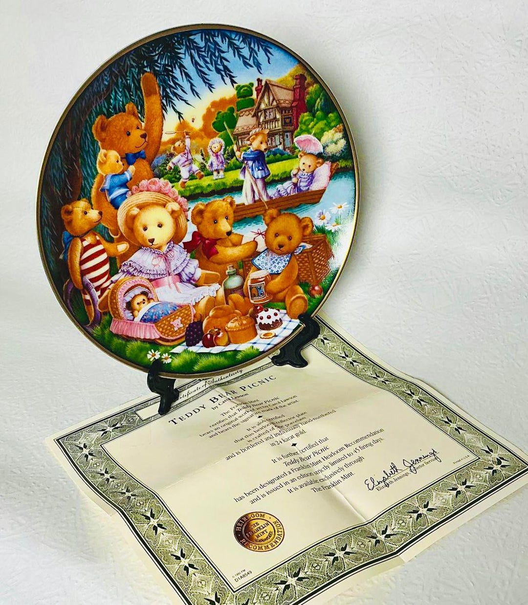 Carol Lawson teddy Bear Picnic Decor Plate Fine Porcelain With 24K Gold ...