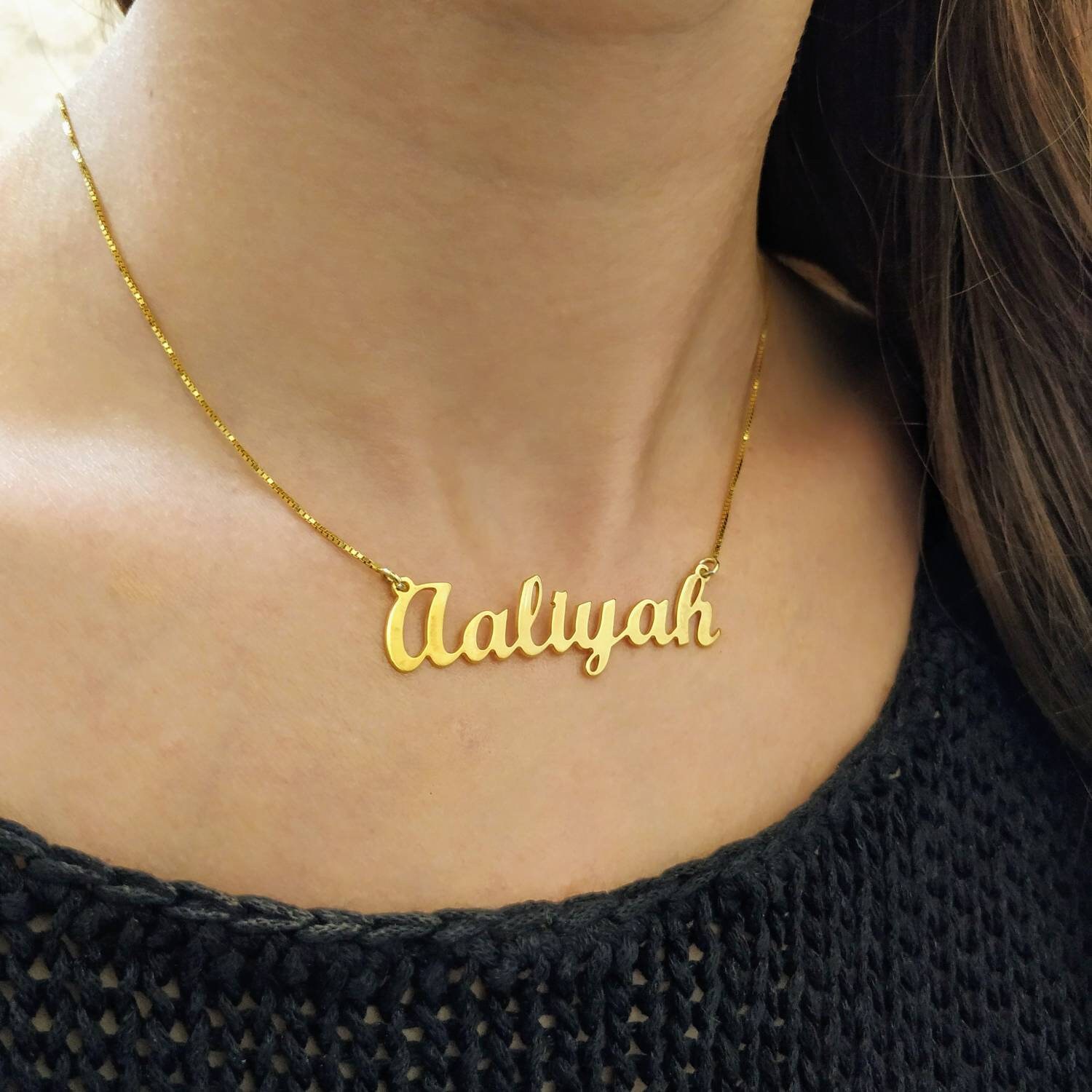 18K Gold Plated Big Name Necklace Custom Made Necklace Gold Name Pendant Cursive Font Aaliyah