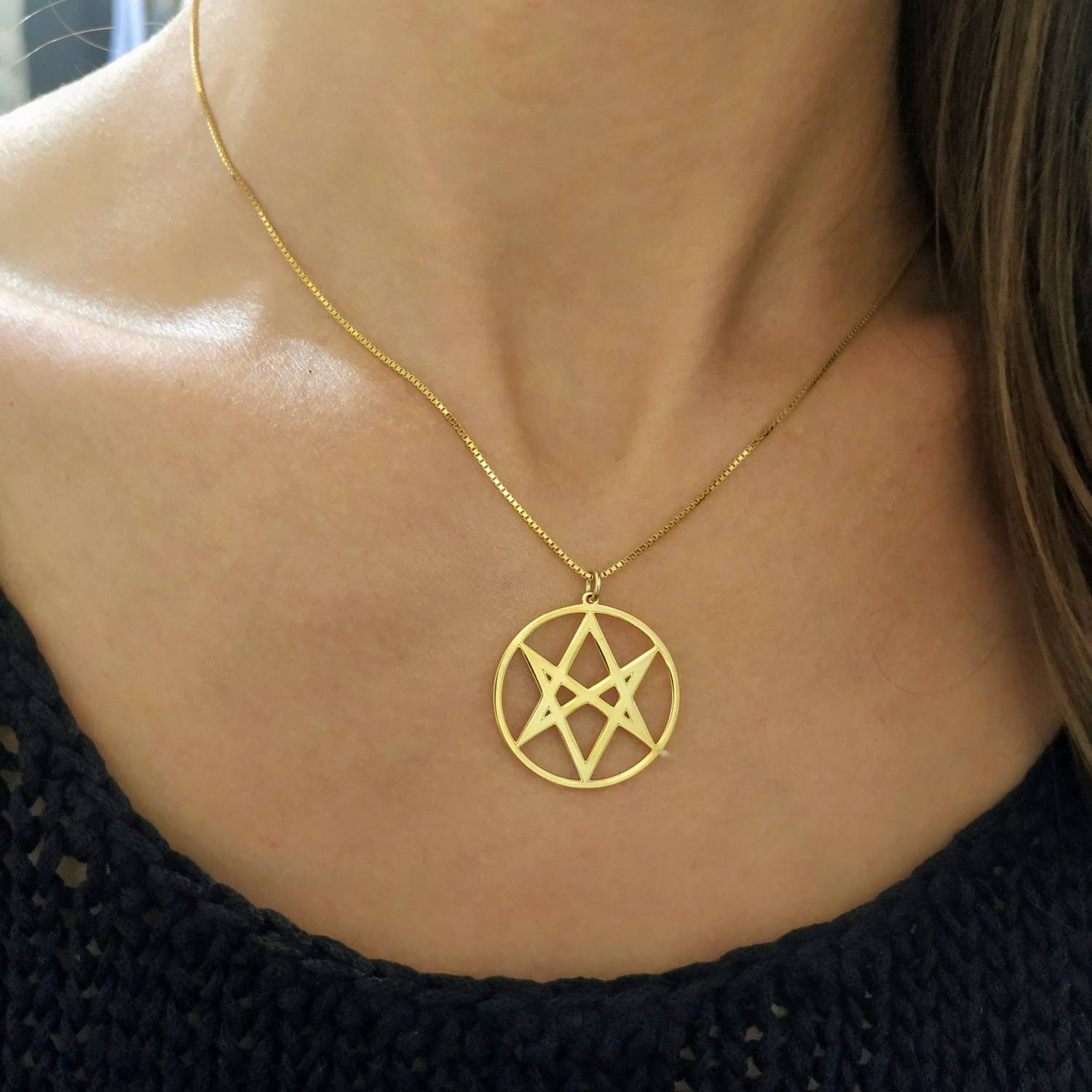 14k Solid Gold Unicursal Hexagram Unicursal Necklace - Etsy UK