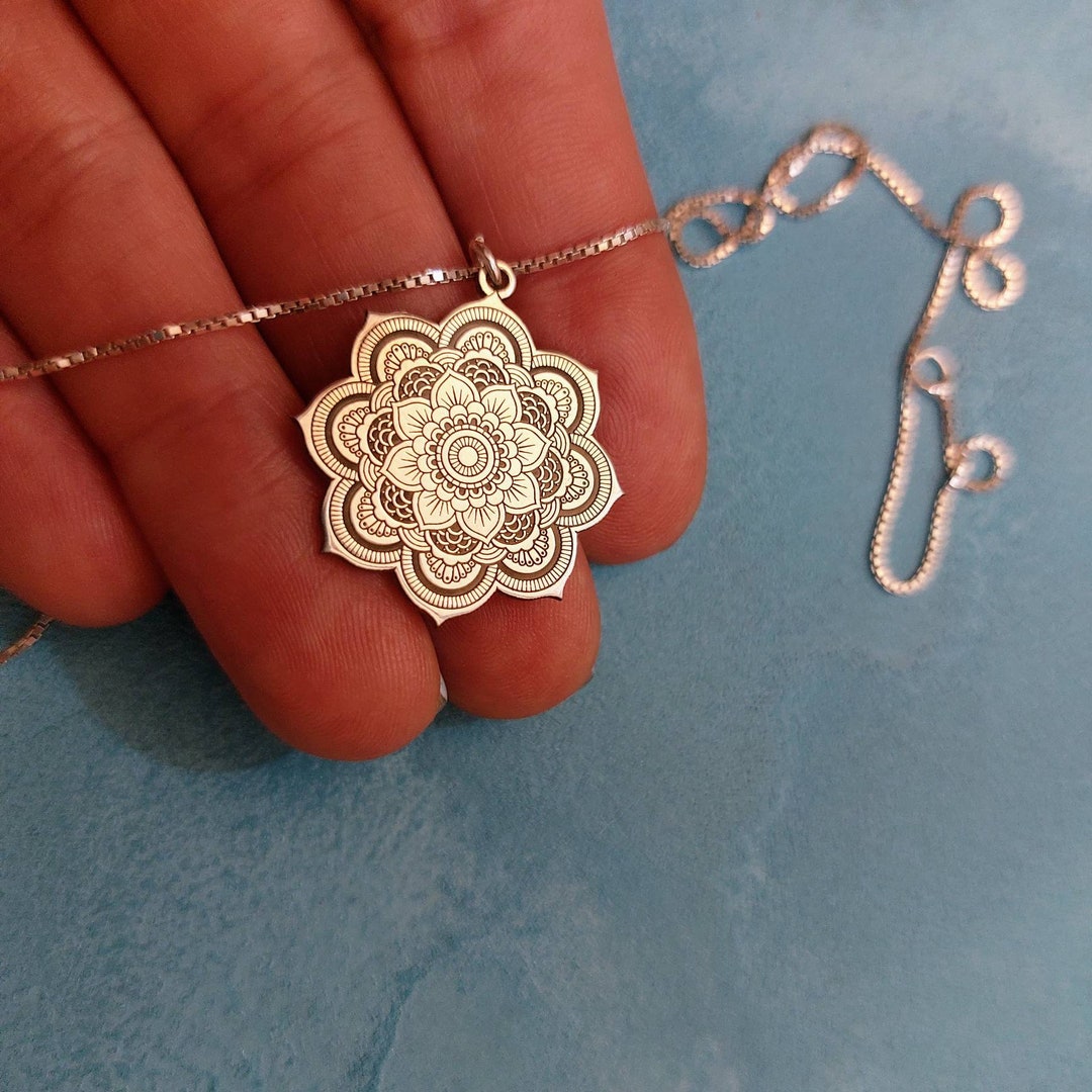 Flower Pendant - Mandala Necklace - Silver Yoga Necklace - Mandala Charm - Boho Jewelry - Flower ...