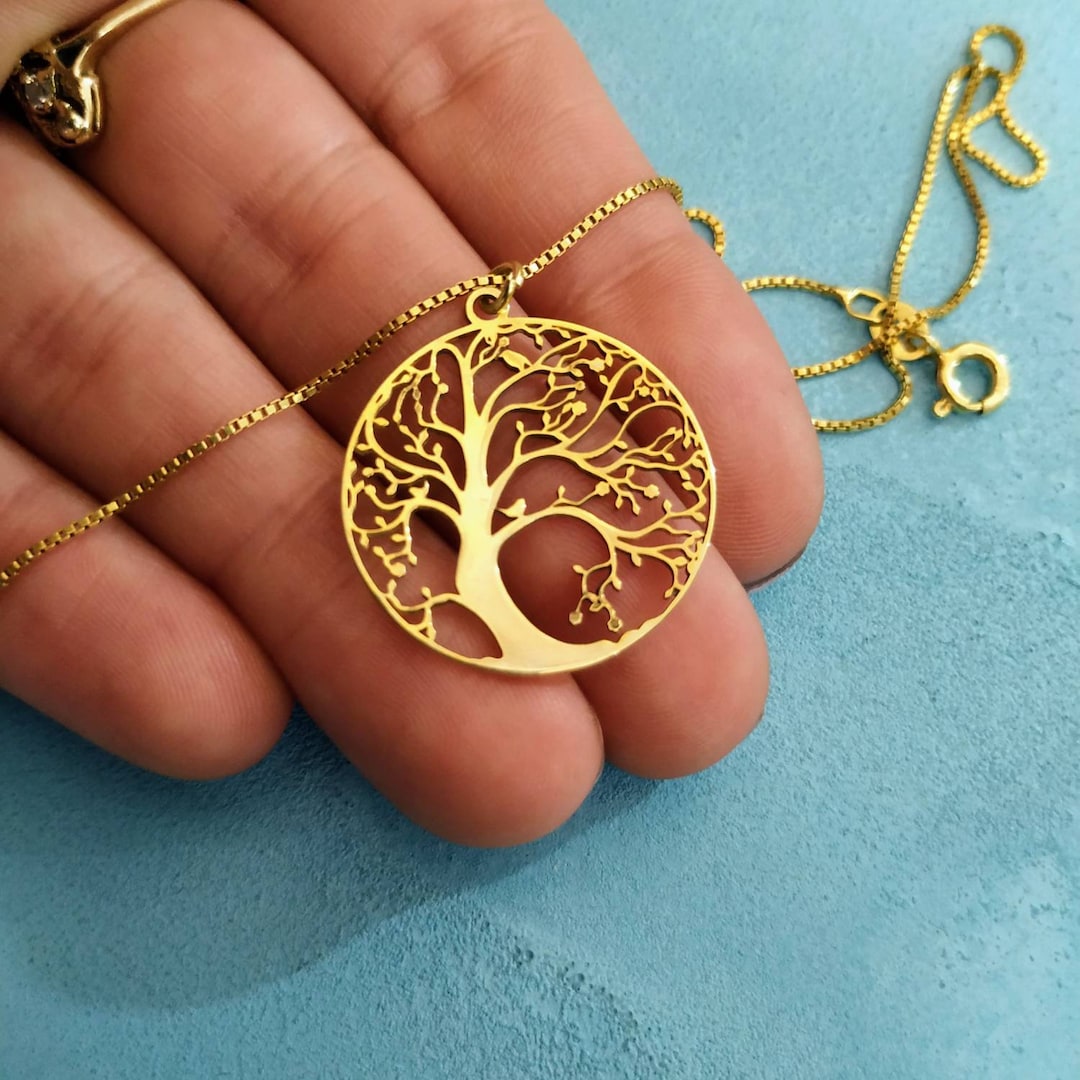 14k Solid Gold - Dainty Tree Necklace - Tree of Life Pendant - Gold ...