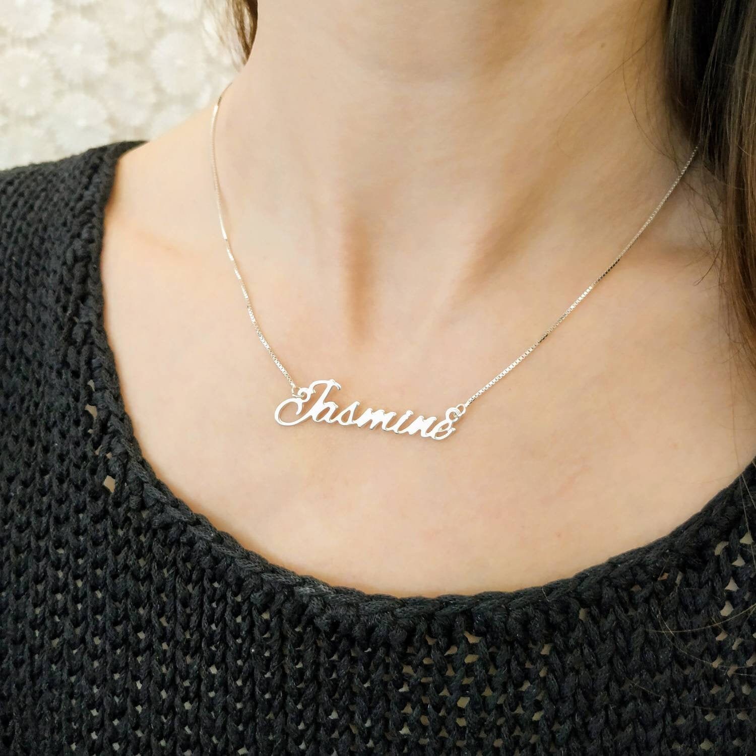 Sterling Silver Personalized Satin Adjustable Script Name Necklace