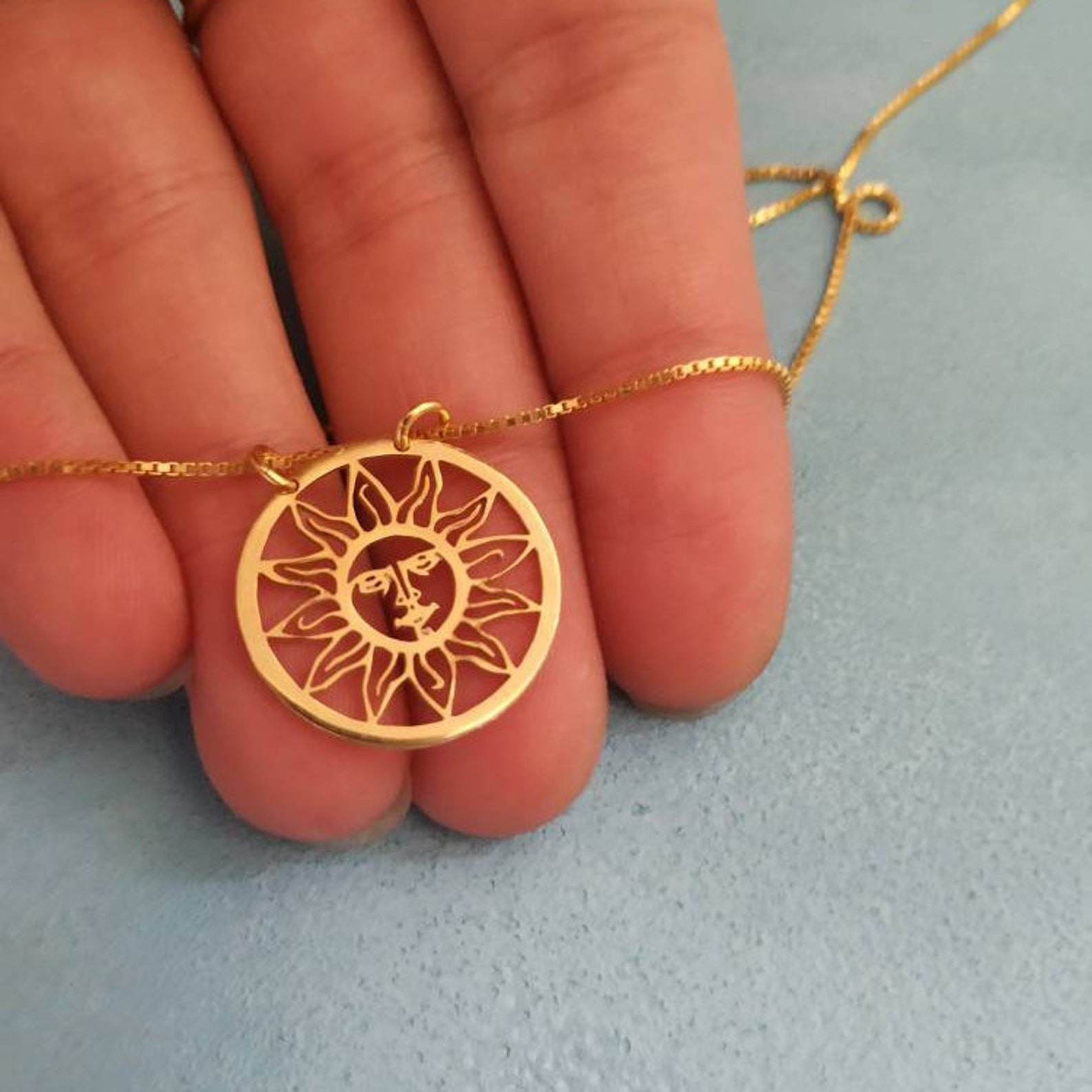 14k Solid Gold Sun Necklace Gold Sun Medal Sunburst | Etsy