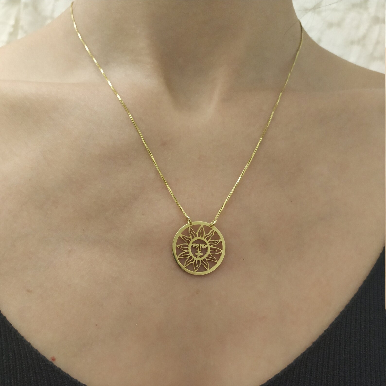 14k Solid Gold Sun Necklace Gold Sun Medal Sunburst - Etsy