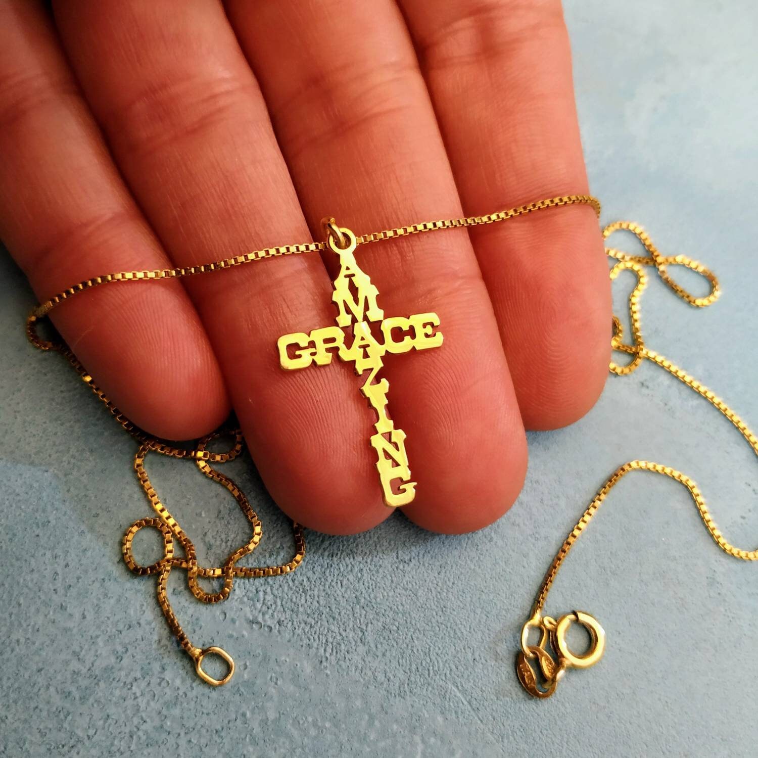 14k Solid Gold Amazing Grace Cross Necklace Dainty Cross - Etsy