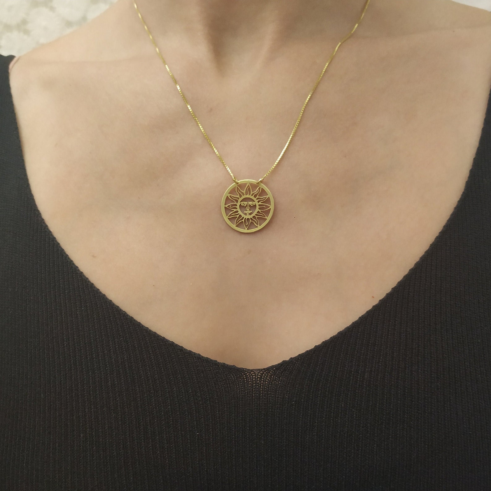 14k Solid Gold Sun Necklace Gold Sun Medal Sunburst - Etsy