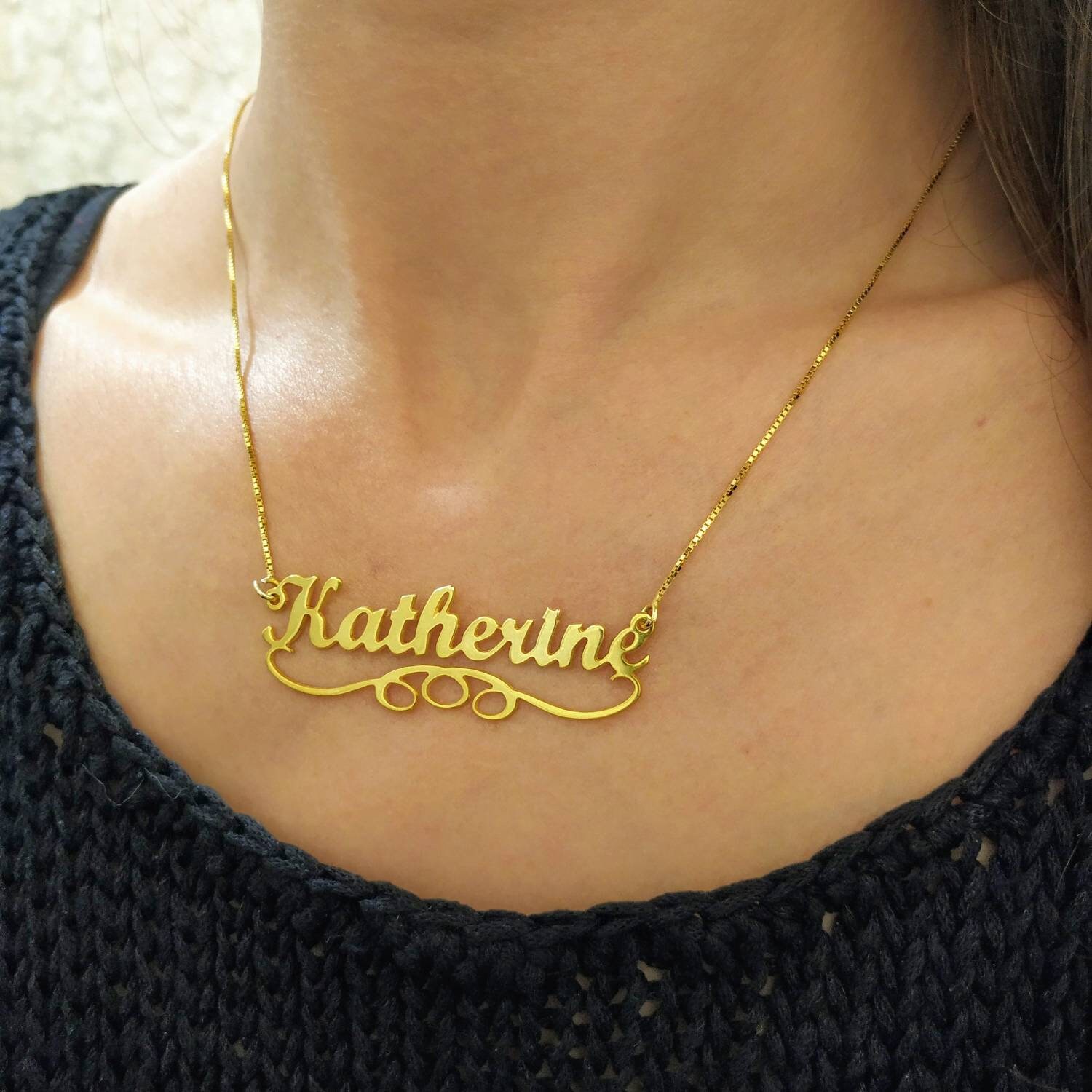 14K Solid Gold Personalized Name Nameplate Necklace Gold Name Pendant Big Name Jewelry Script Name Gift for Daughter Katherine