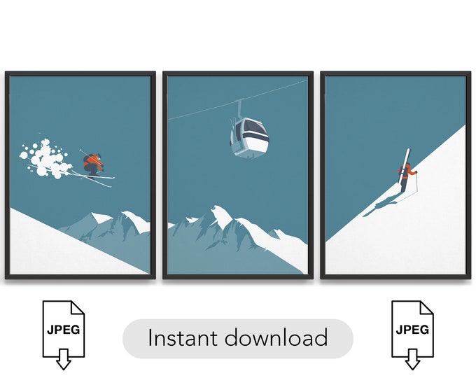 Instant Download Ski Art Gallery Wall / Vintage Ski Poster Set of 3 Prints / Ski Decor Travel ...
