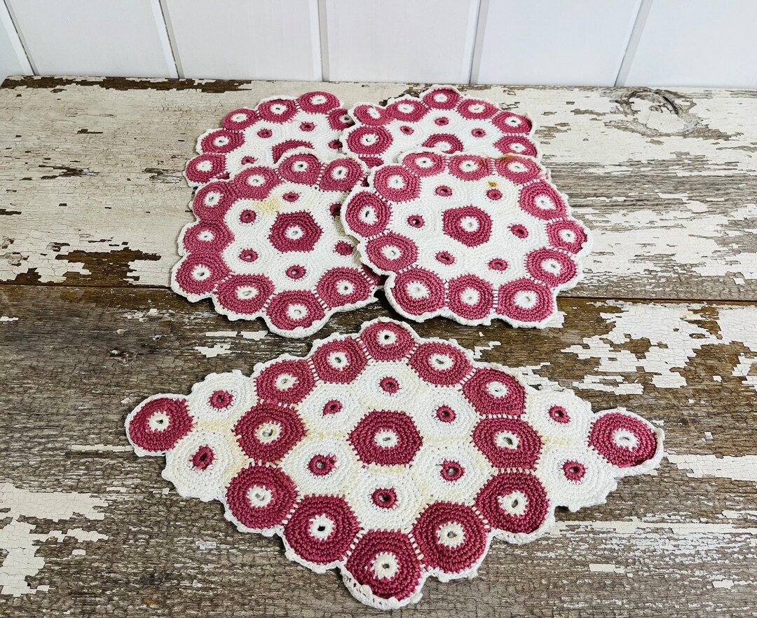 Vintage Crocheted Pot Holder/trivets, Set of 5, Pink and White Trivet ...