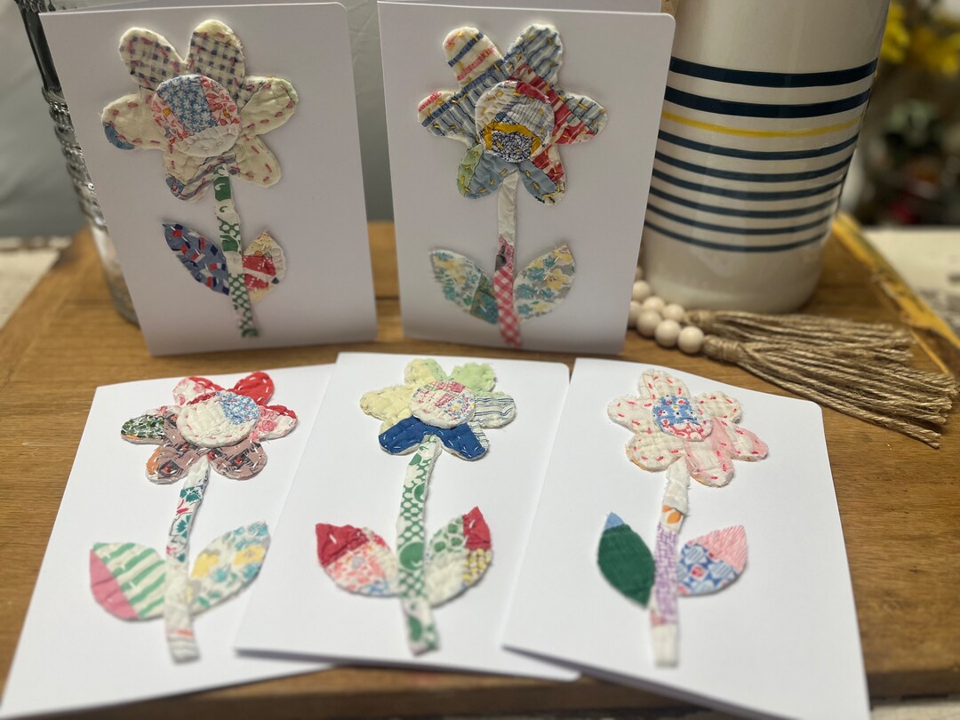 Quilted Note Cards, Quilted Flower Greeting Cards, Vintage Quilt ...