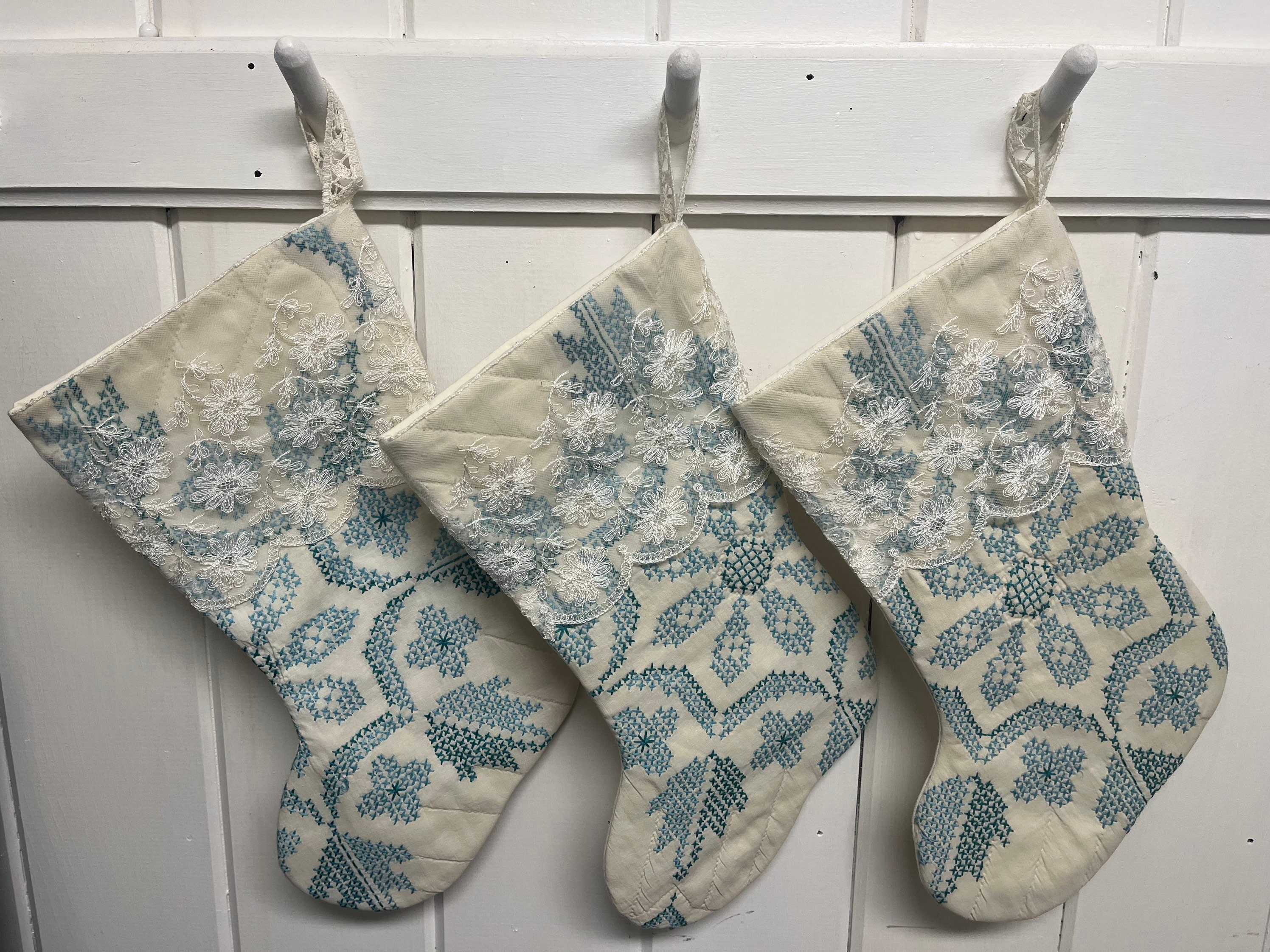 Vintage Quilted Christmas Stocking: Cross-stitch Snowflake, Lace Trim ...