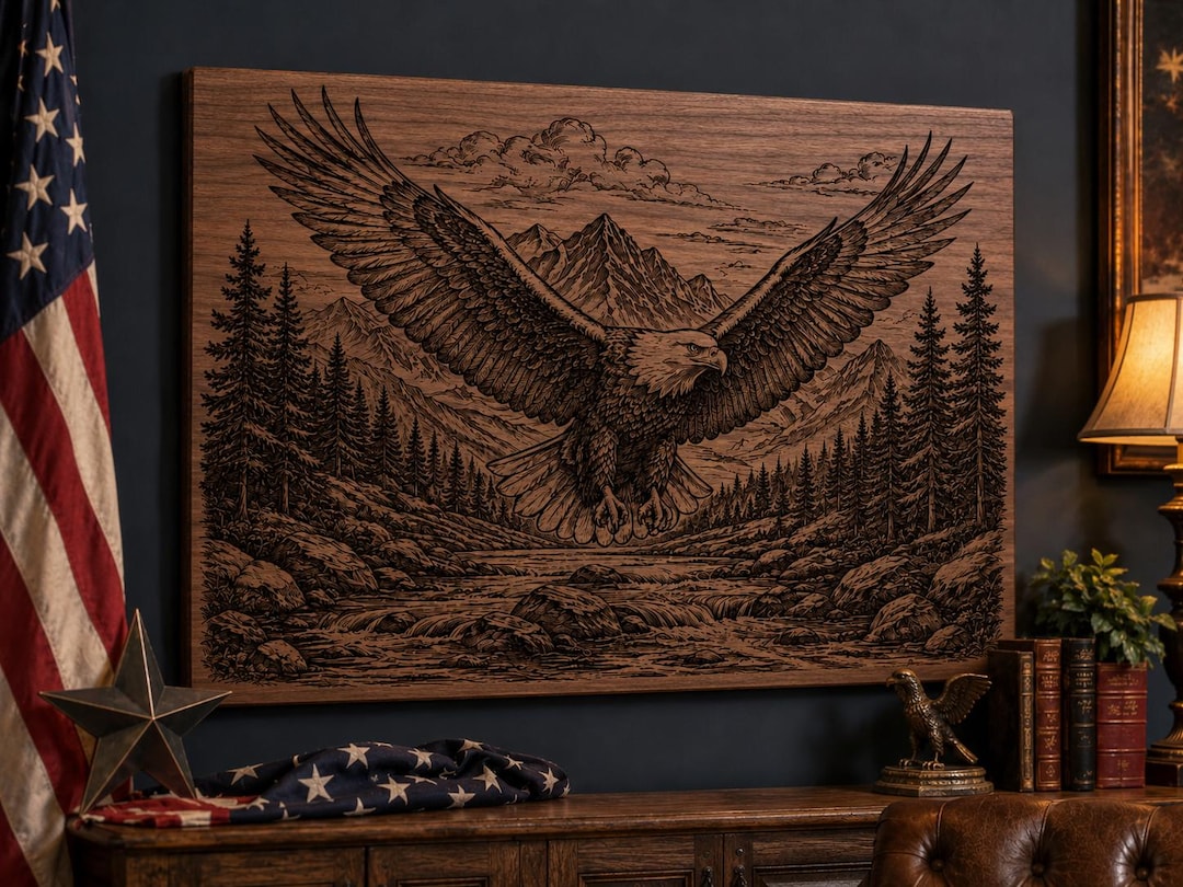 Magnificent Bald Eagle Laser Engraving Design, Mountain River Eagle SVG ...