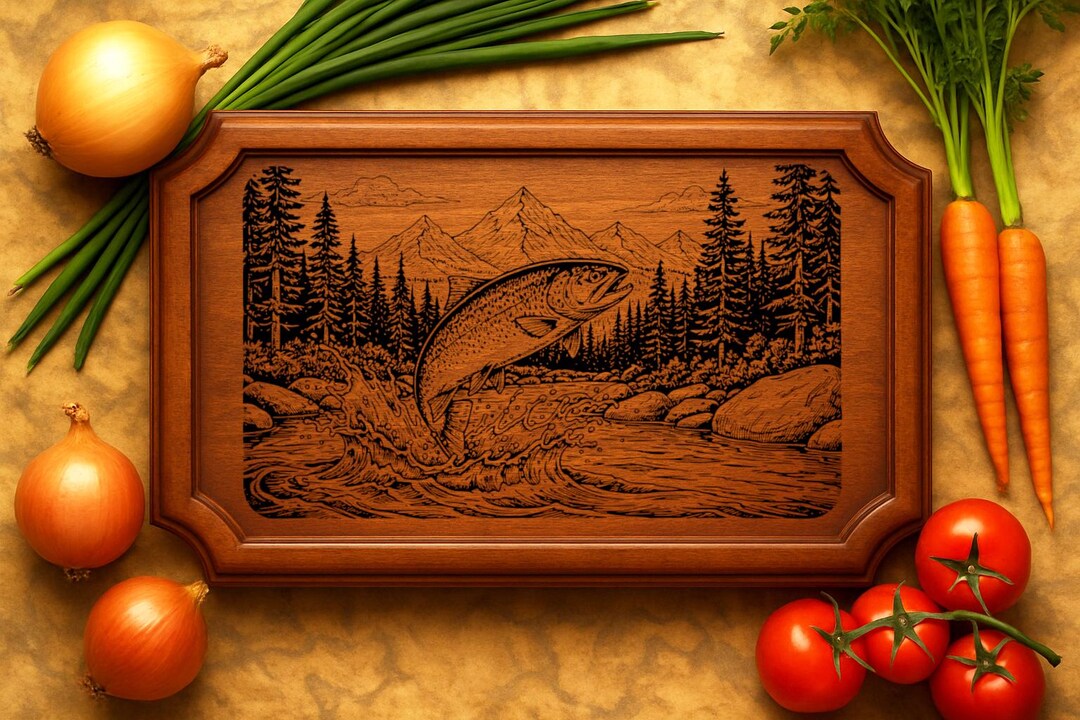 Leaping Trout in Mountain Stream – Wildlife Laser Engraving Design ...