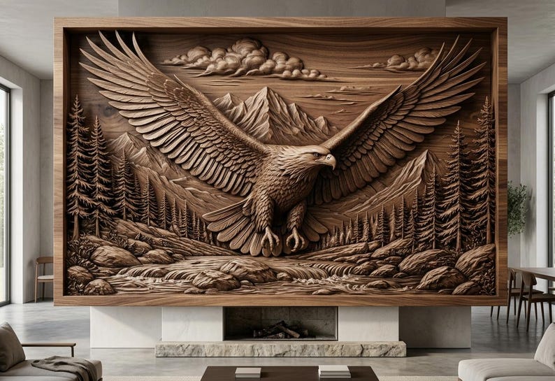 Magnificent Bald Eagle Laser Engraving Design, Mountain River Eagle SVG ...