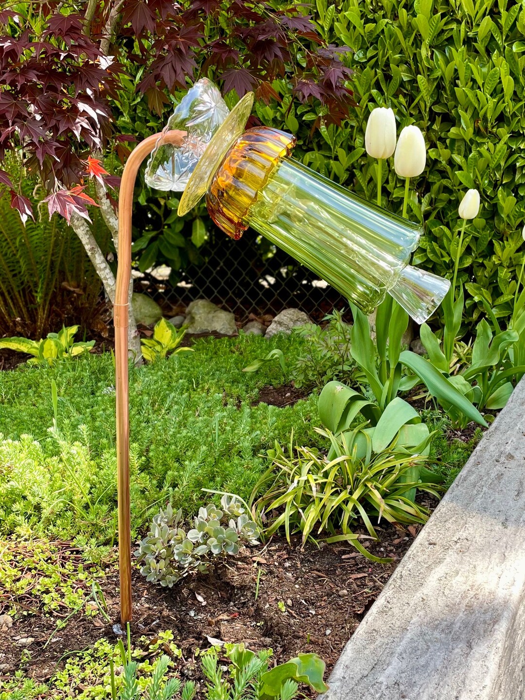 Floral Garden Art Handmade From Copper and Vintage Glassware in Yellow ...