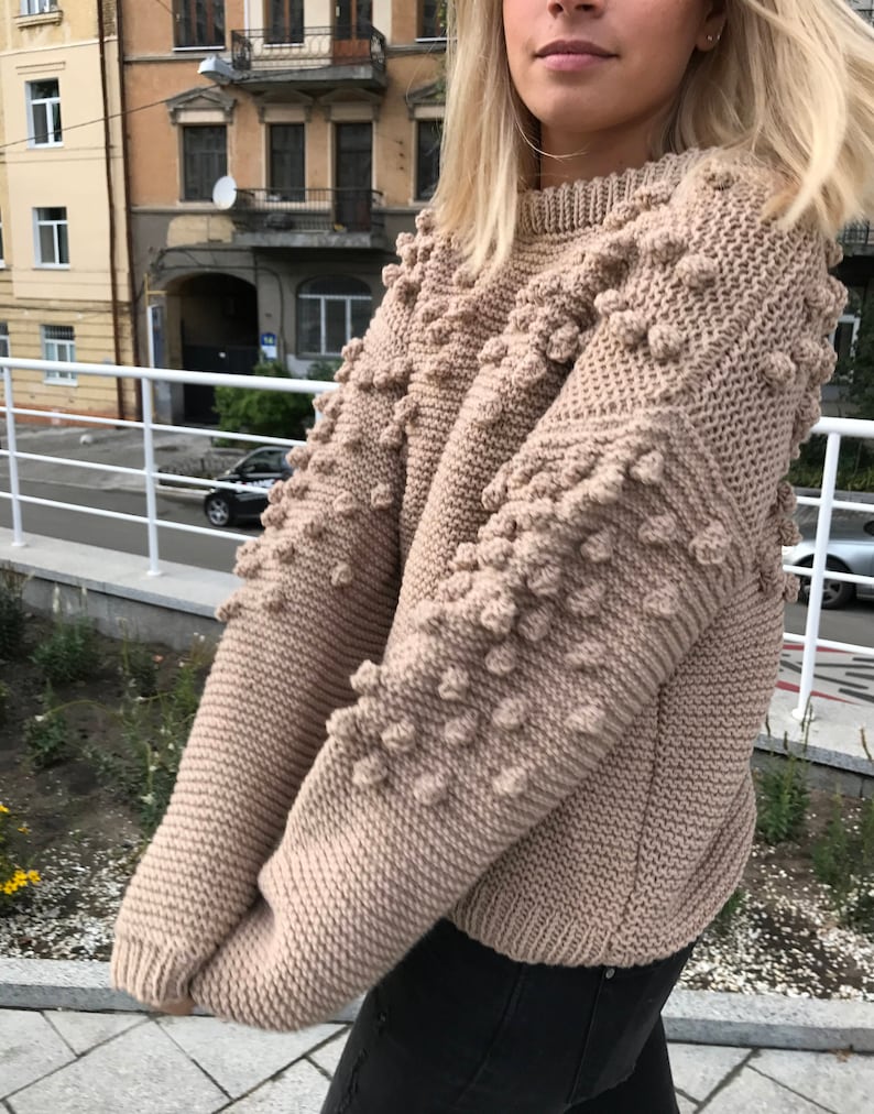 Hand Knit Popcorn Sweater Beige Knitted Pullover Custom - Etsy