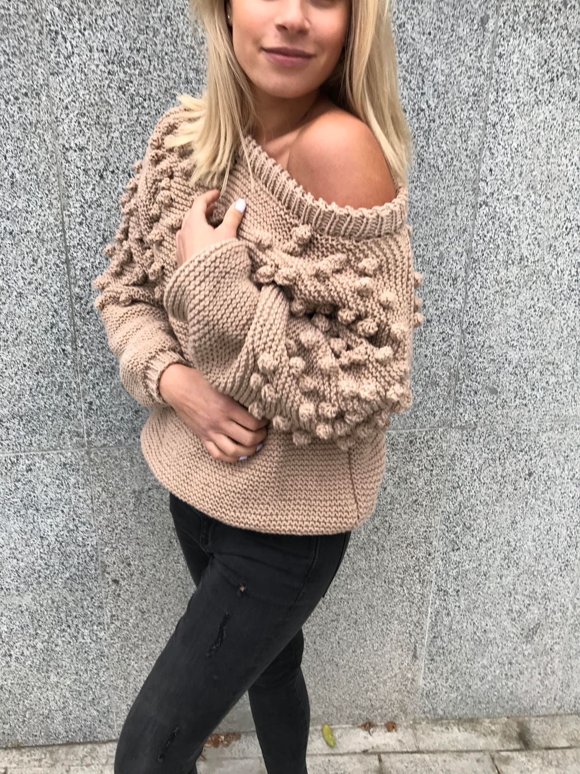 Hand Knit Popcorn Sweater Beige Knitted Pullover Custom - Etsy