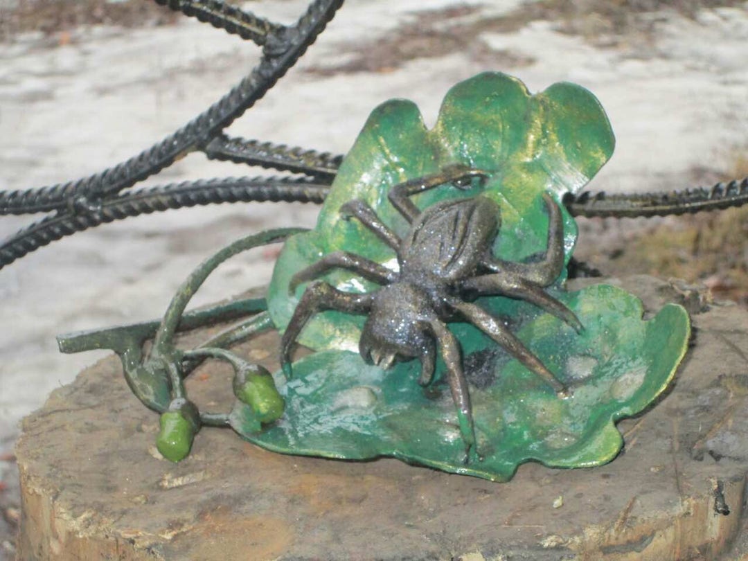 Metal Spider on an Oak Leaf, Hand Forged Spider, Spider Figurine ...