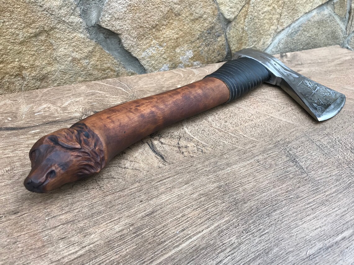 Carved axe handle viking axe animal gift mens gifts | Etsy