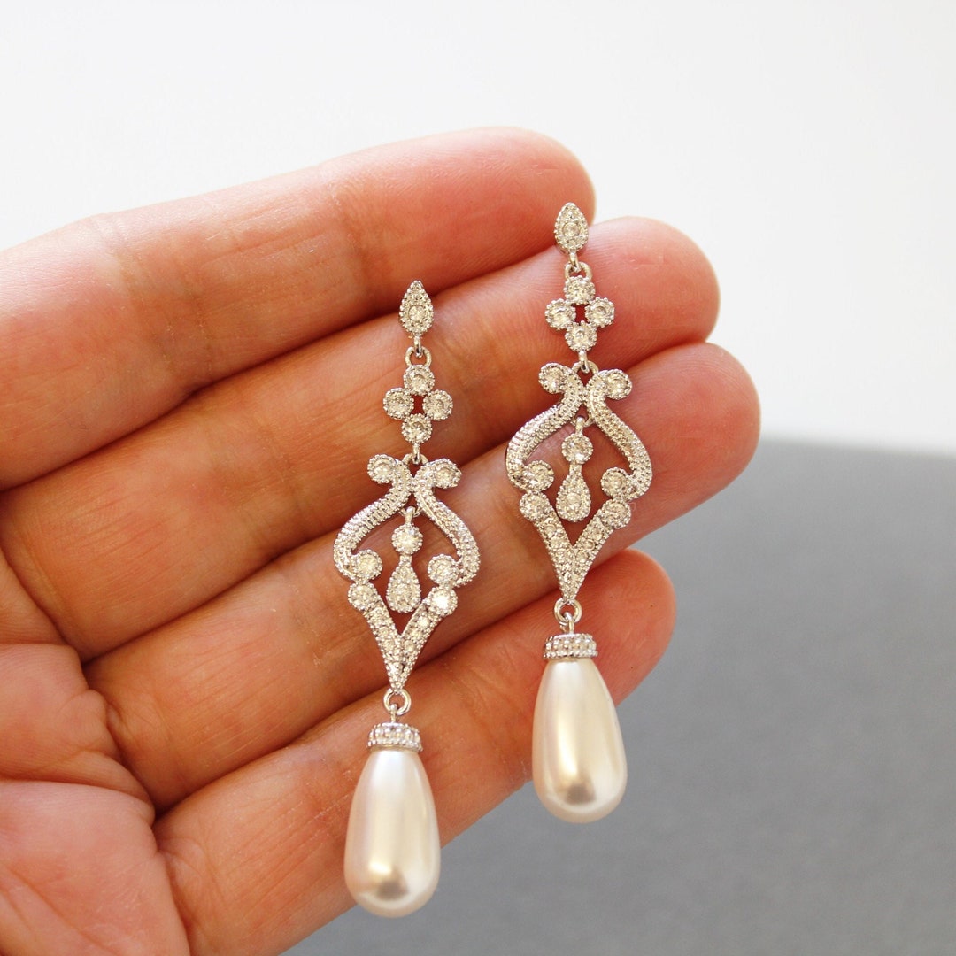Silver Bridal Earrings, Art Deco Earrings,vintage Style Ivory Pearl Drop Earrings, Dangle ...