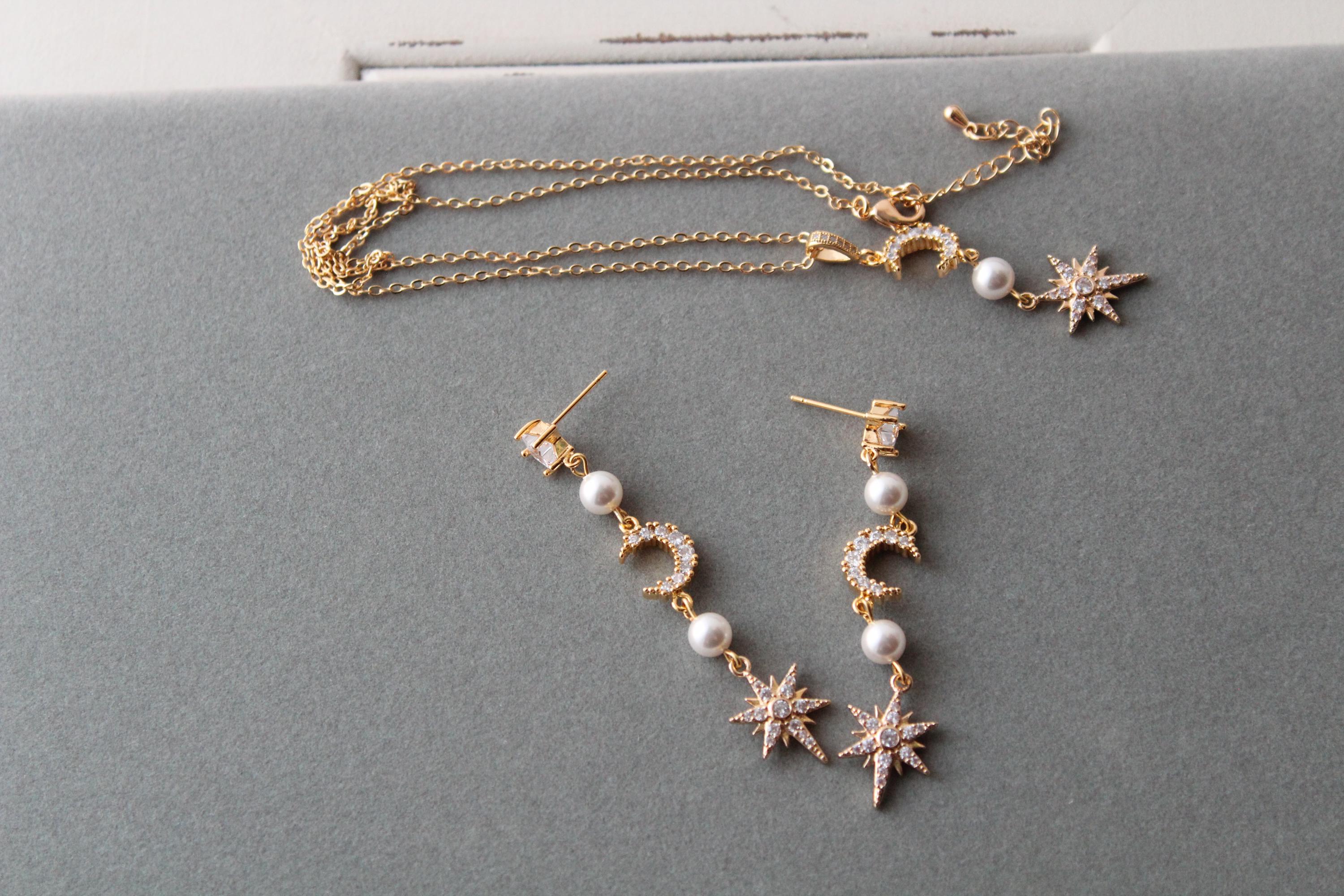 Gold Star Bridal Jewelry Set Celestial Earring and Necklace Set Long ...