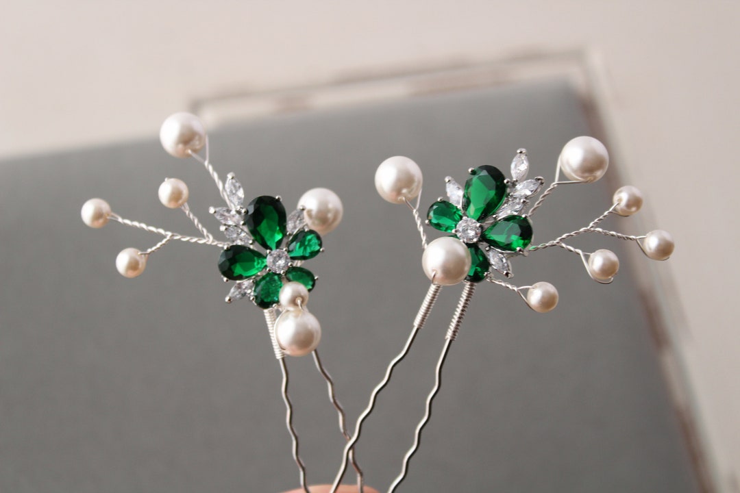 Emerald Green Hair Pins Bridal Hair Pins Wedding Headpiece Zirconia ...