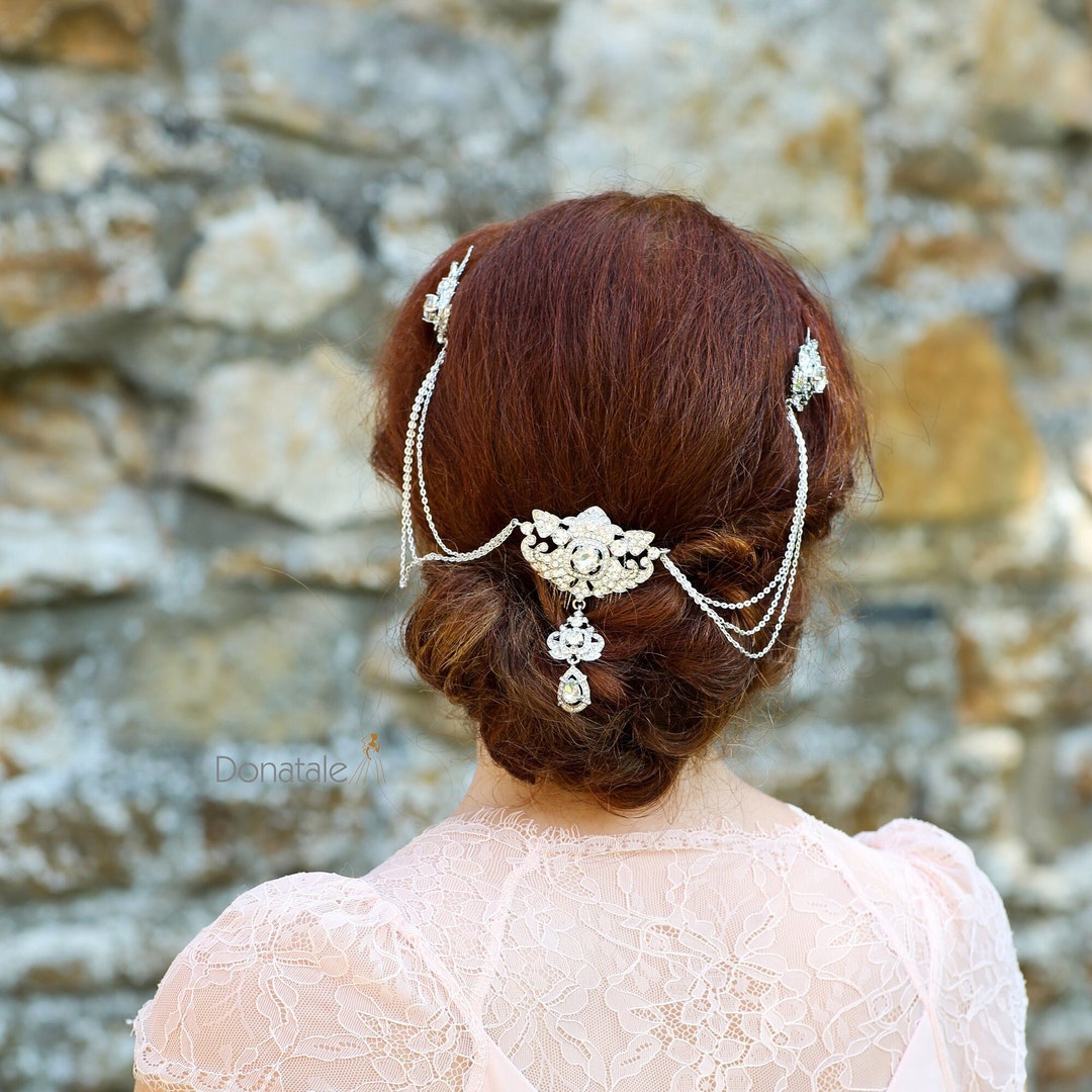 Silver Wedding Hair Chain Bridal Hair Chain Art Deco Crystal Hair Comb ...
