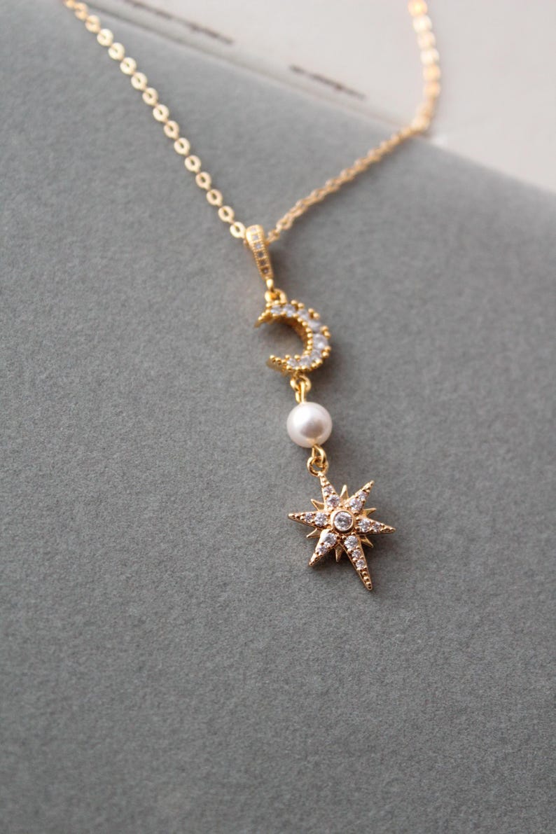 Gold Star Bridal Jewelry Set Celestial Earring and Necklace Set Long ...