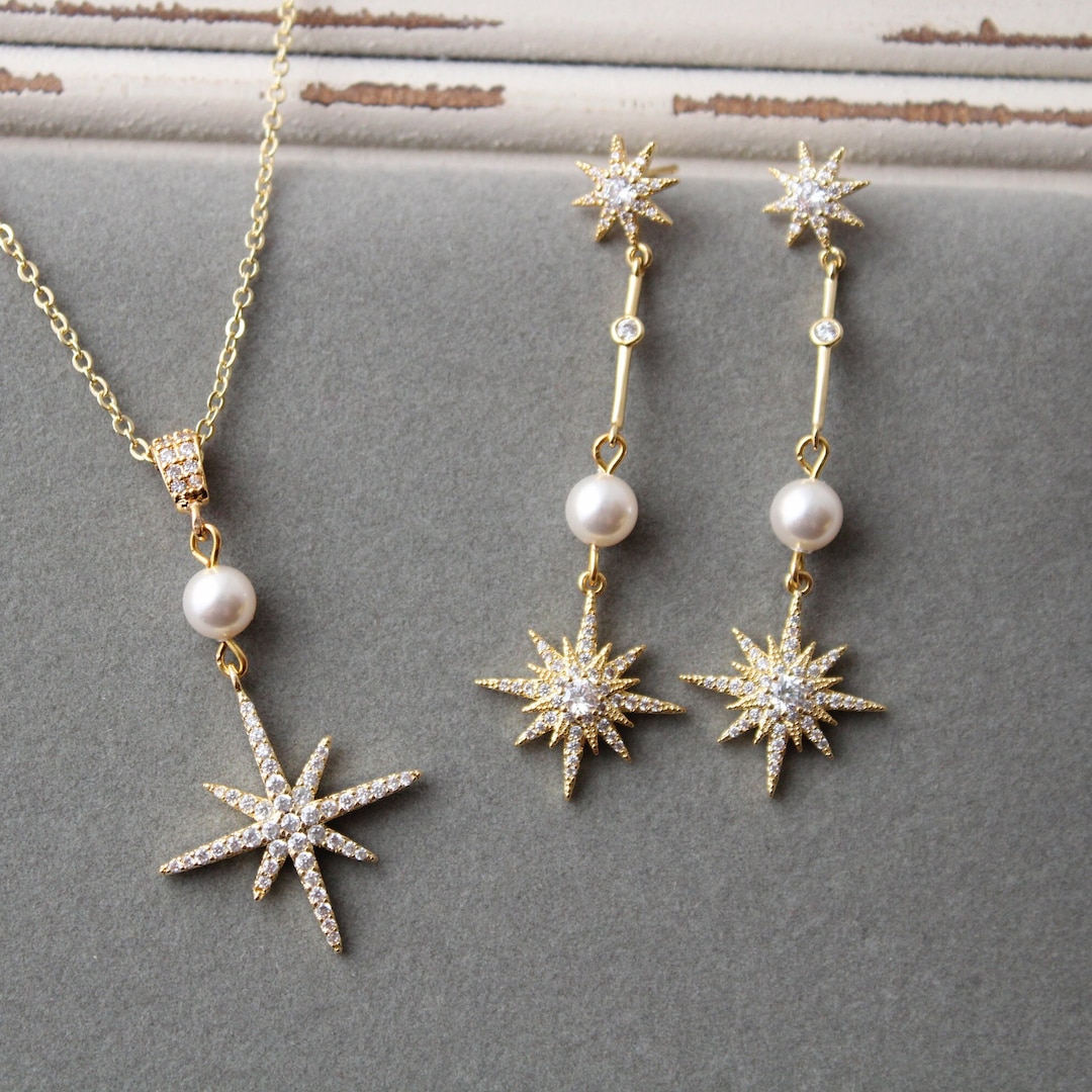 Delicate Gold Celestial Star Earrings and Necklace Set Bridal Earrings ...