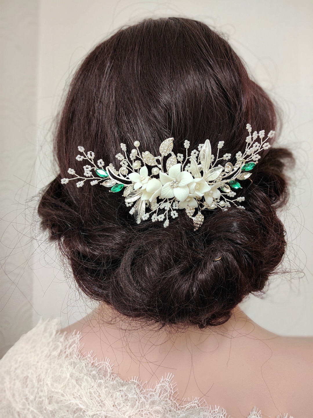 Emerald Bridal Hair Comb, Wedding Hair Vine, Floral Hair Comb, Pearl ...