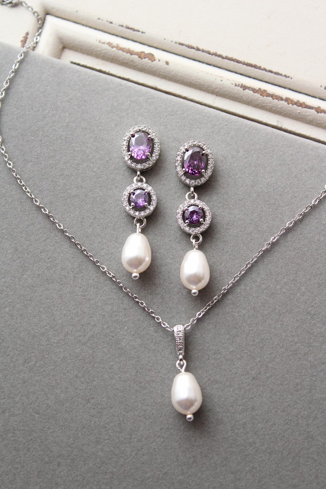 Purple Bridal Jewellery Set: Vintage Style Pearl Earrings Necklace ...