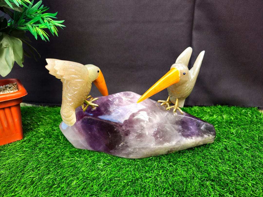 Gemstone Birds on Rocks, Green Aventurine Birds on Amethyst, Gemstone ...