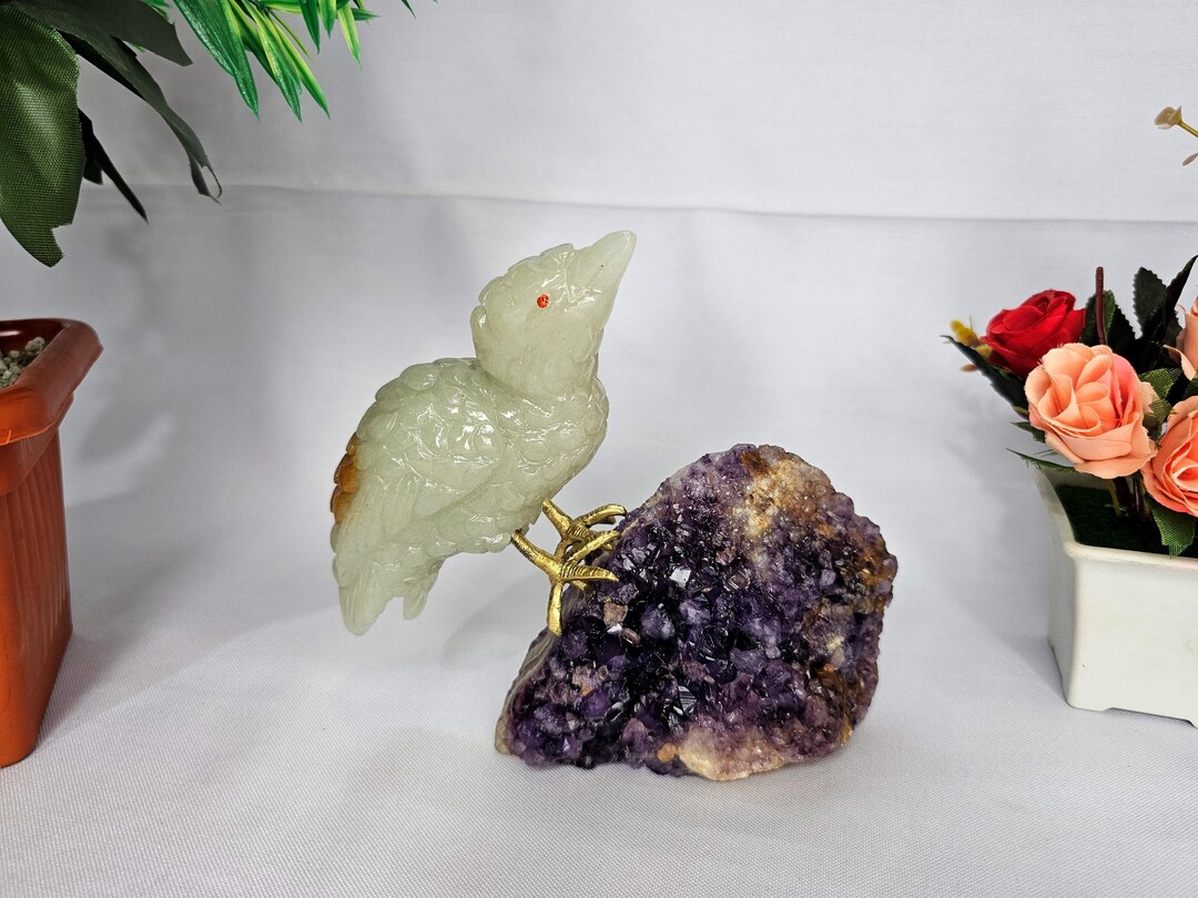 Green Jade Bird on Amethyst Crystal, Gemstone Birds on Rocks, Crystal ...