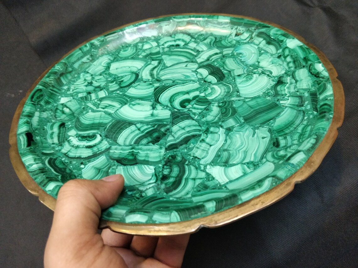 Malachite Wall Plate, Pietra Dura, Malachite Carvings, Handmade Round ...