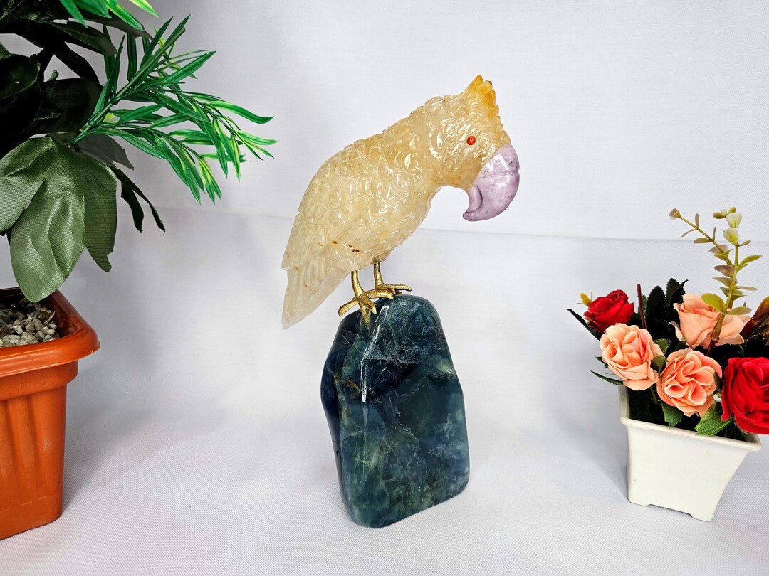 Birds on Crystal, Crystal Parrot on Fluorite, Gemstone Bird Figurine ...