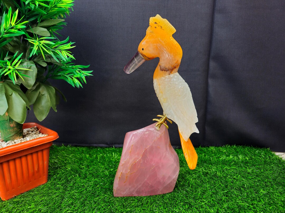Gemstone Birds on Rocks, Crystal Bird on Rose Quartz, Polished Stone ...