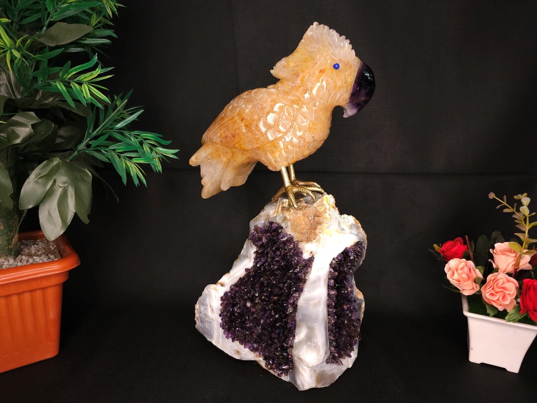 Gemstone Birds on Rocks, Orange Quartz Parrot on Amethyst, Polished ...
