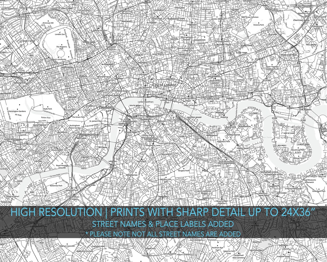 London Map Print London Street Names Map London Map Poster | Etsy