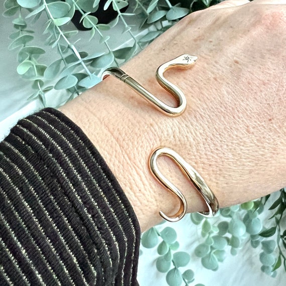 Vintage Diamond-set Solid Gold Snake Slave Bangle - Gem