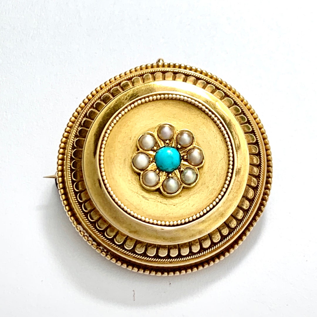Antique Victorian 15CT Gold Turquoise Pearl Locket Brooch Pendant ...