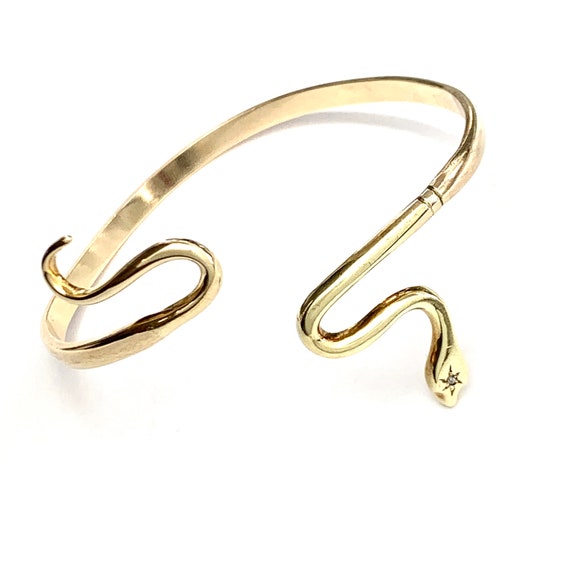 Vintage Diamond-set Solid Gold Snake Slave Bangle - Gem