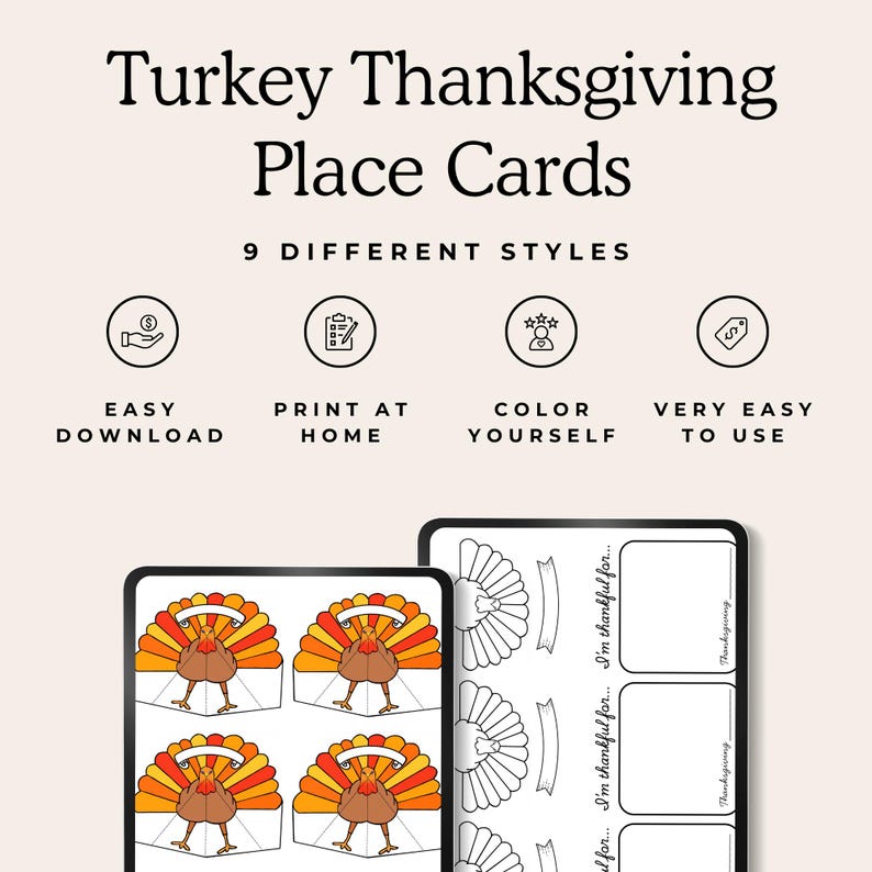 Thanksgiving Turkey Place Cards | 9 Styles, DIY Names (PNG & PDF) - Etsy