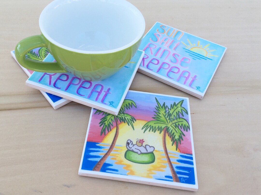 Coaster Set-florida Keys Art-handcrafted Tile Coasters-manatee-palm ...