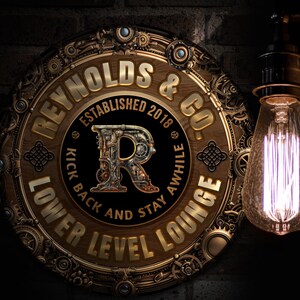 Personalized Steampunk Bar Sign | Round Metal Lower Level Bar Sign ...