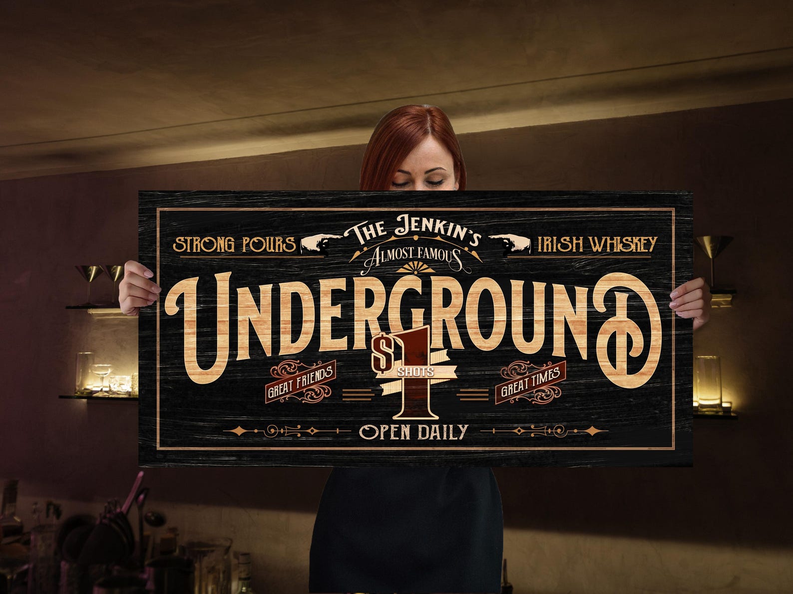 Personalized Underground Bar Sign: Distressed Wood Grain, Family Name ...