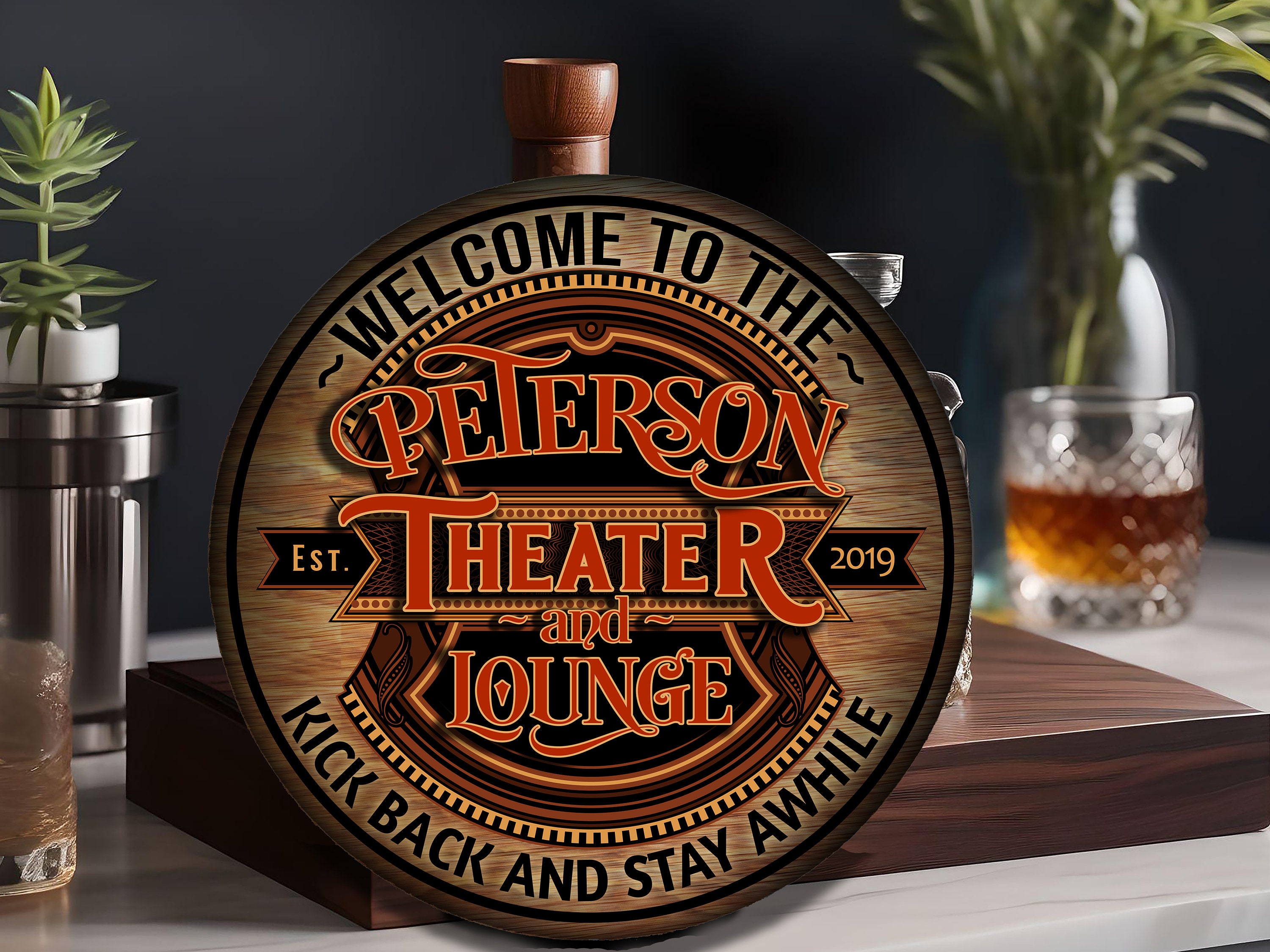 Personalized Theater & Lounge Sign: Round Metal Bar Decor - Etsy