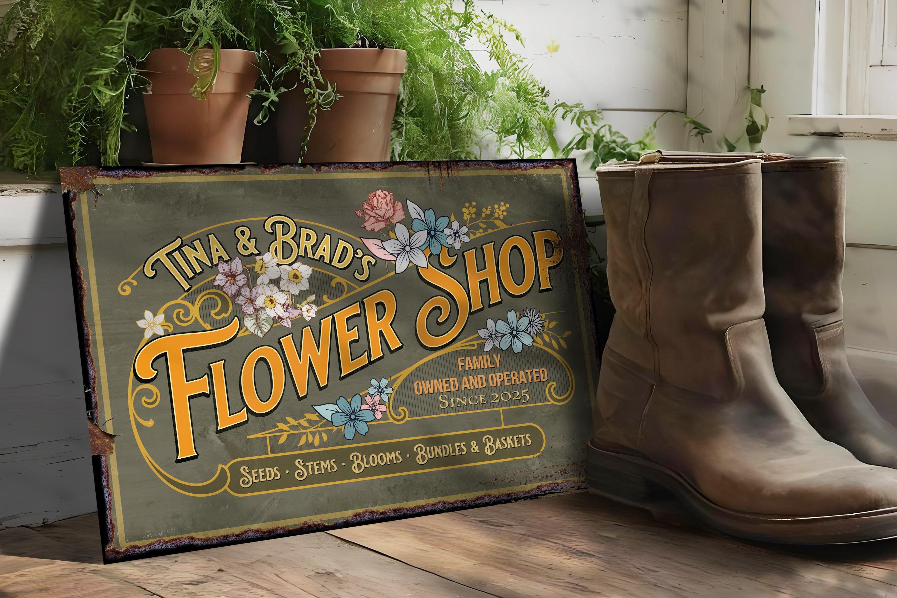 Personalized Flower Shop Sign: Vintage Spring Decor, Metal or Canvas - Etsy