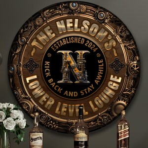 Personalized Steampunk Bar Sign | Round Metal Lower Level Bar Sign ...